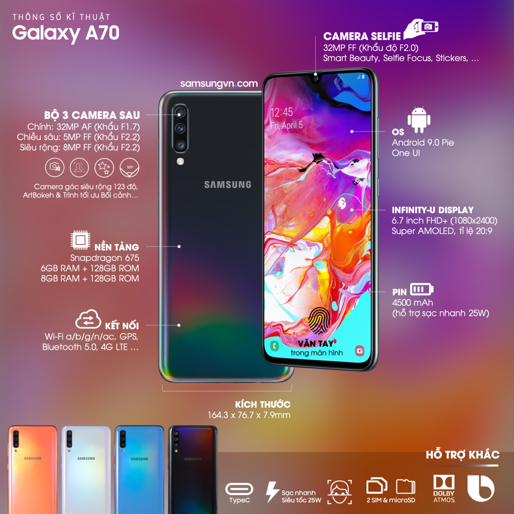 Galaxy A70 với màn hình siêu lớn 6,7 inch, chip Snapdragon 675, camera ...